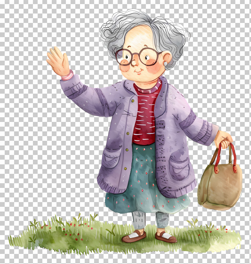 Cartoon Grandma - Friendly Elderly Woman Waving In Striped Shirt PNG ...