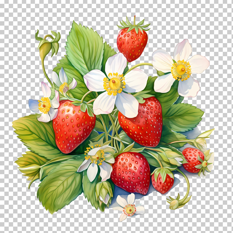 Strawberry - Strawberries With Leaves And Flowers Illustration PNG ...