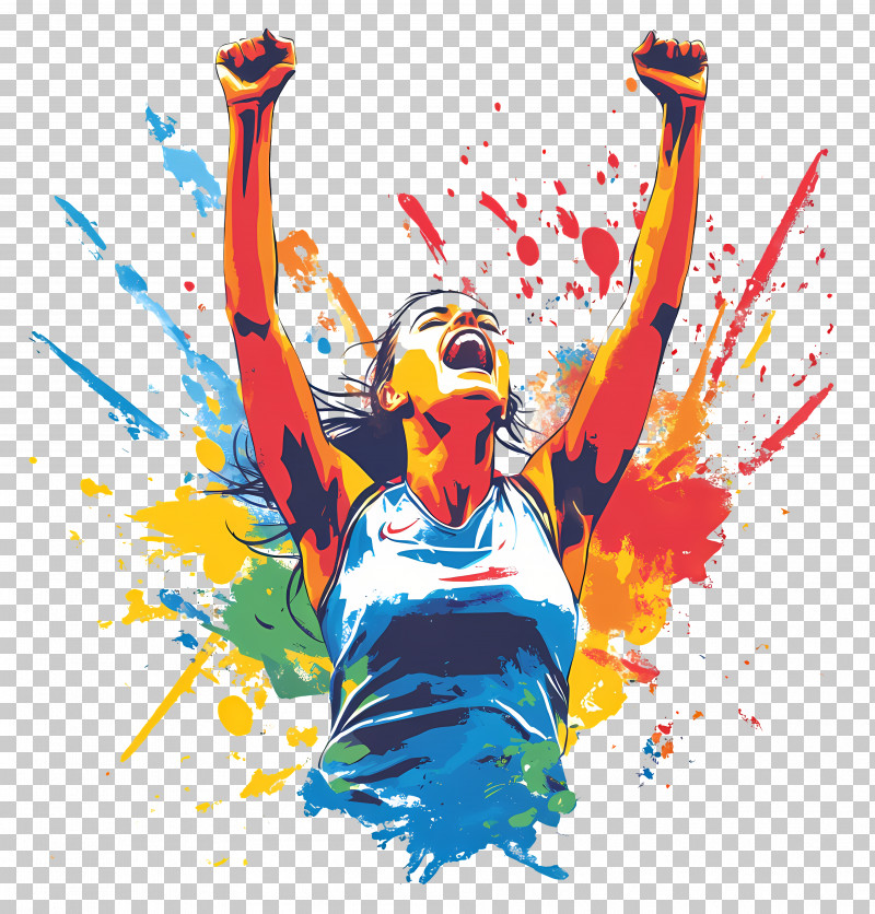 Olympic - Cheering Woman With Vibrant Paint Splash Background PNG ...